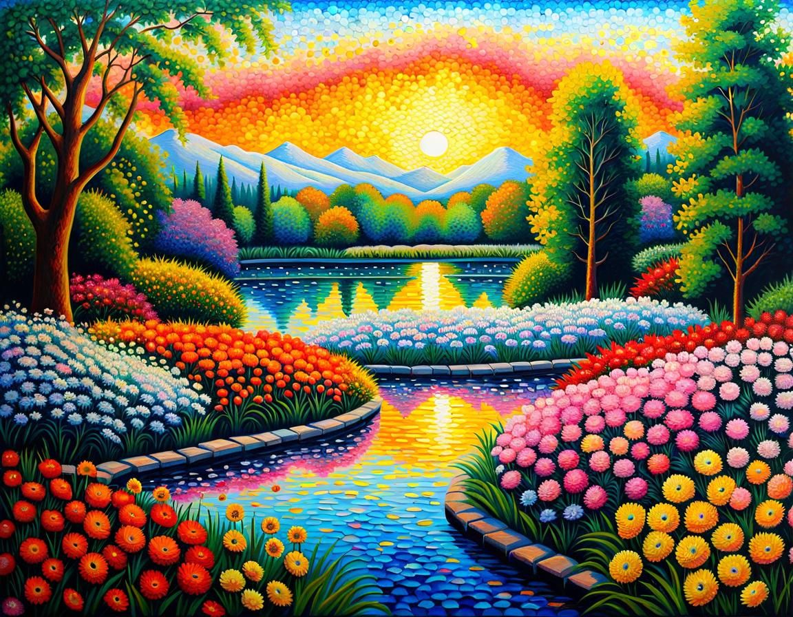 breathtaking garden of flowers with a lake at sunrise, very crisp ...