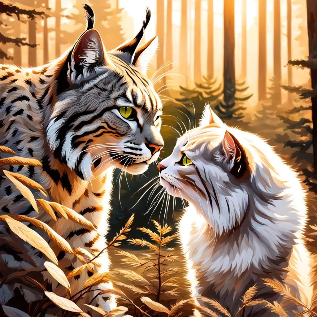 Grey and white Bobcat touching noses with a small domestic cat ...