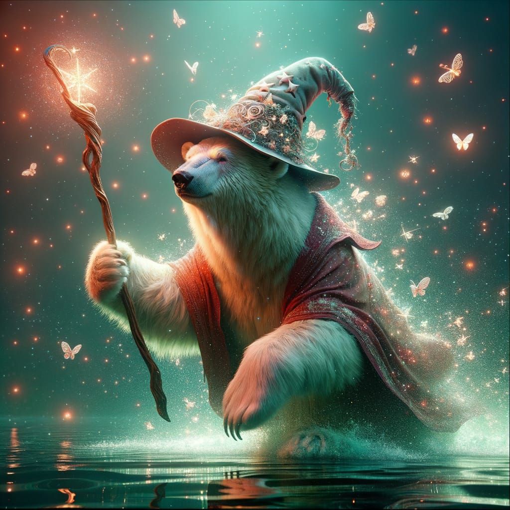 cute adorable polar bear wizard wearing wizard hat, holding wizard ...