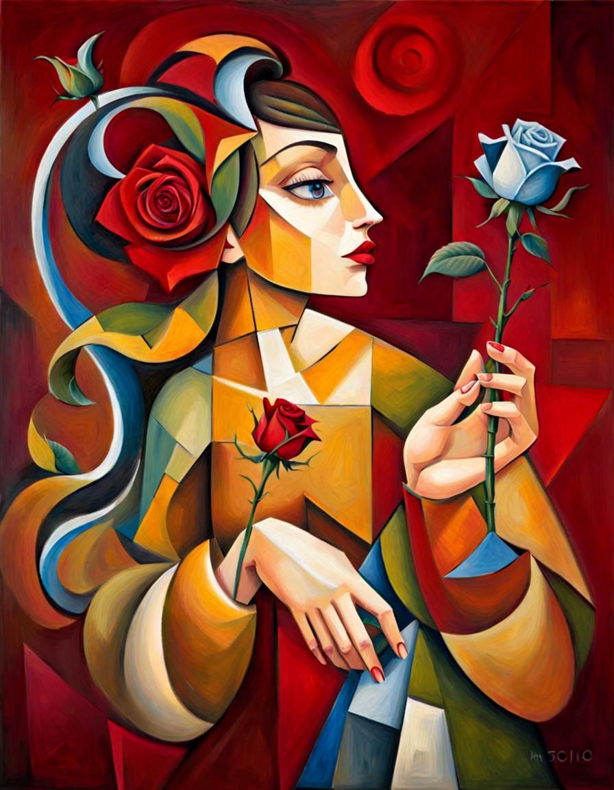 How many roses has the lady in this image of a cubist oil painting ...