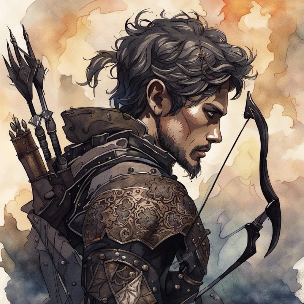 silhouette of profile of a human archer, handsome face, leather armor ...