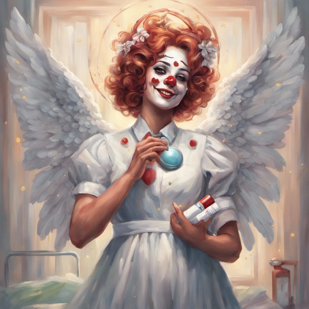 Angel clown nurse with a halo and wings, holding medicine smiling coyly ...