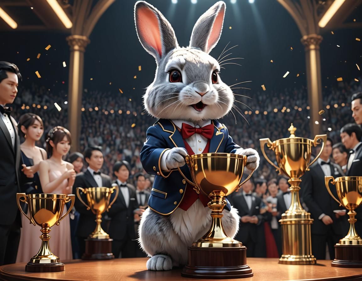 A rabbit winning a trophy at a glamorous award show - AI Generated ...