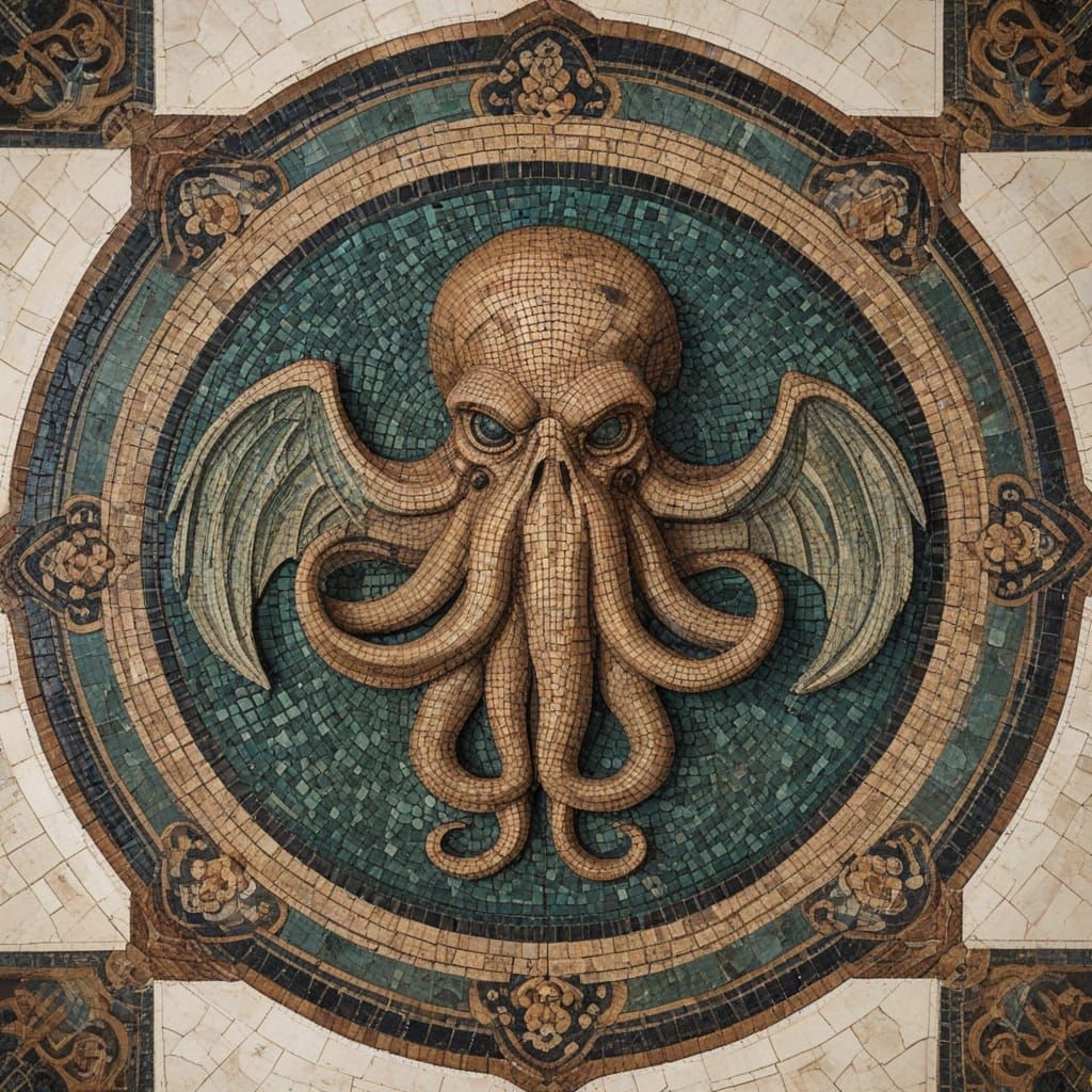 A ancient roman mosaic of Cthulhu; it is faded and worn with age