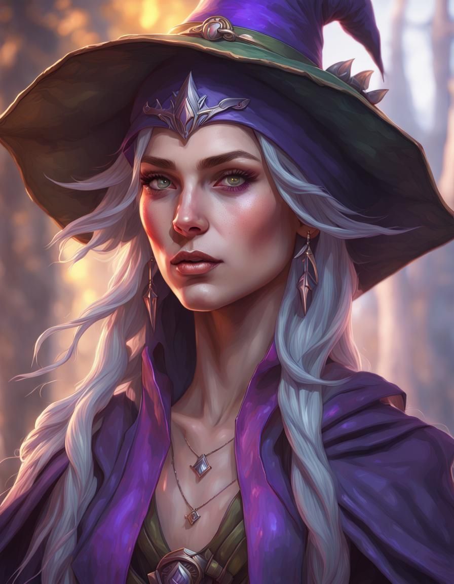 Face portrait of a beautiful elf witch. She is dressed with elegant and ...