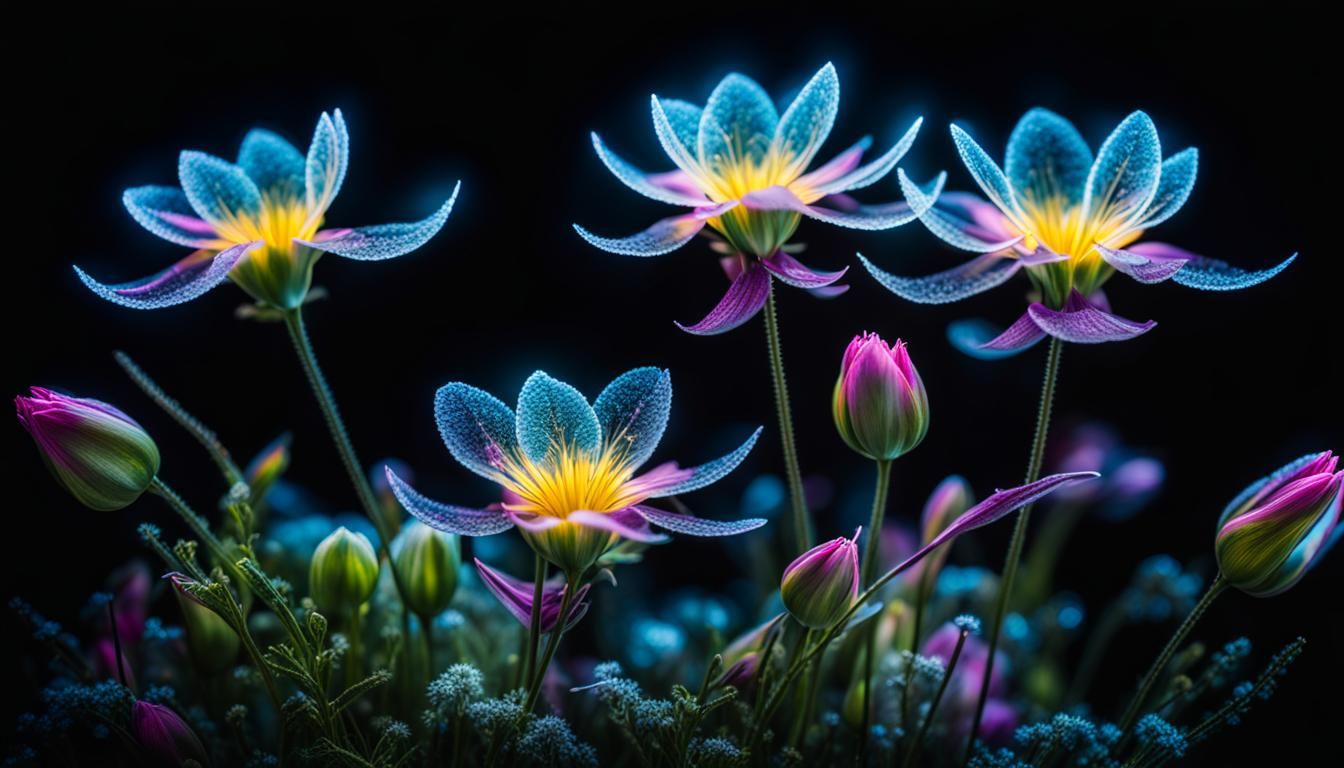 a magical neon glow futuristic spring flowers, transparent botanical ...