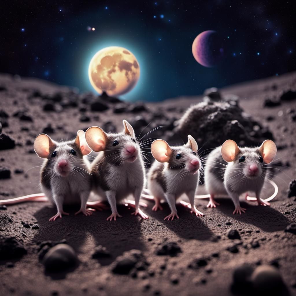 Photograph, Macro, The mice on the moon surface, starry night sky with ...