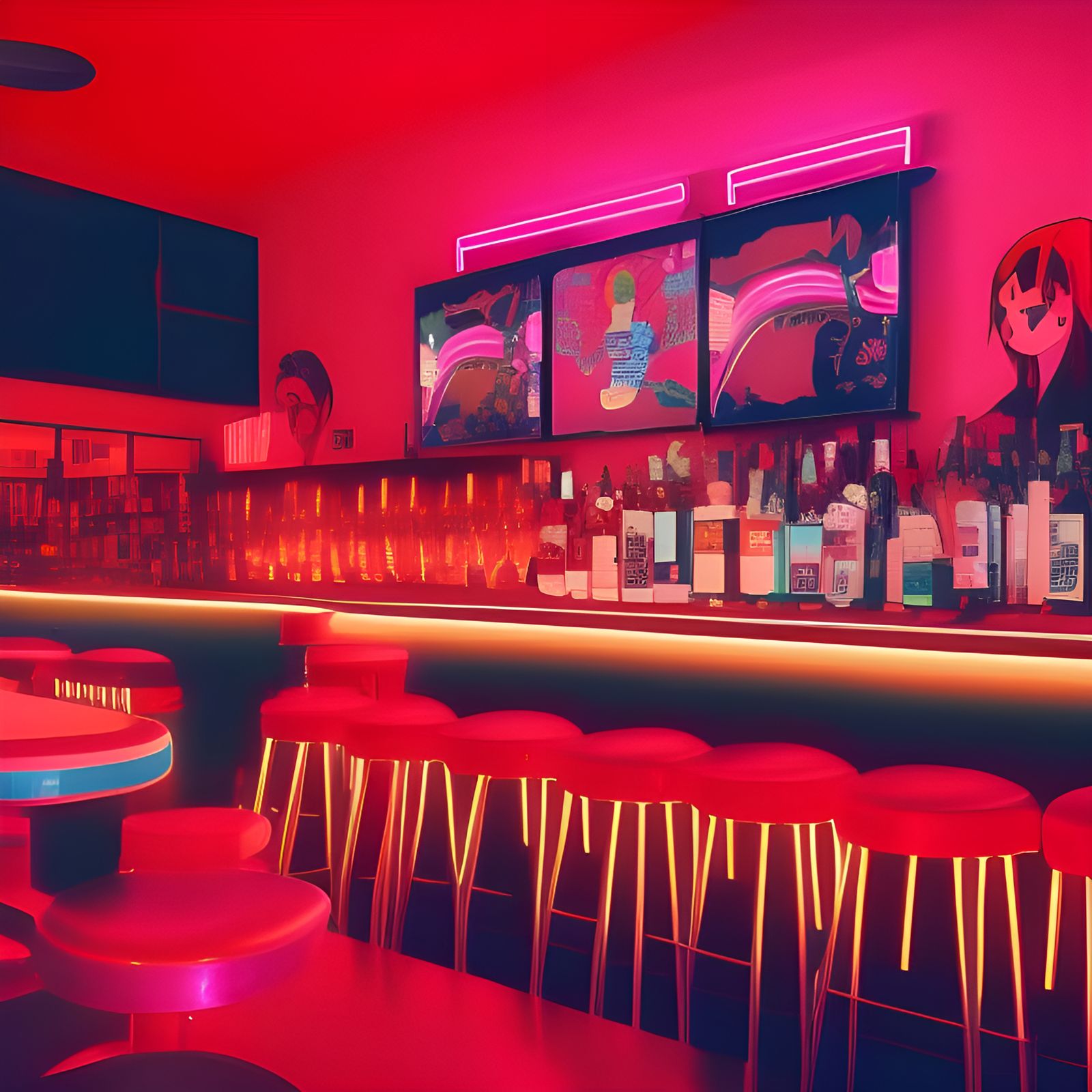 neon red empty bar with stools anime style - AI Generated Artwork ...