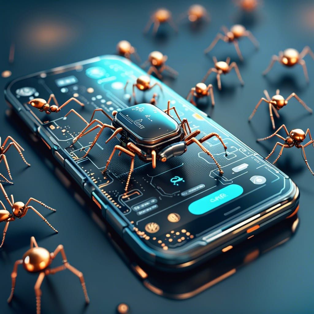 Mobile phone. Illustrate many small ants crafting an application inside ...