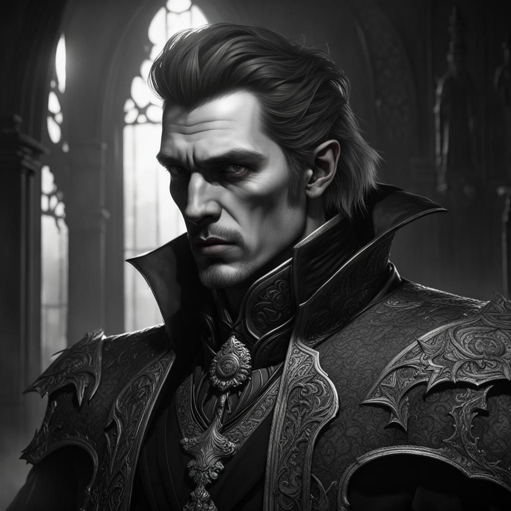 Portrait, gothic frame, vampire man, sumptuous costumes. Black and ...