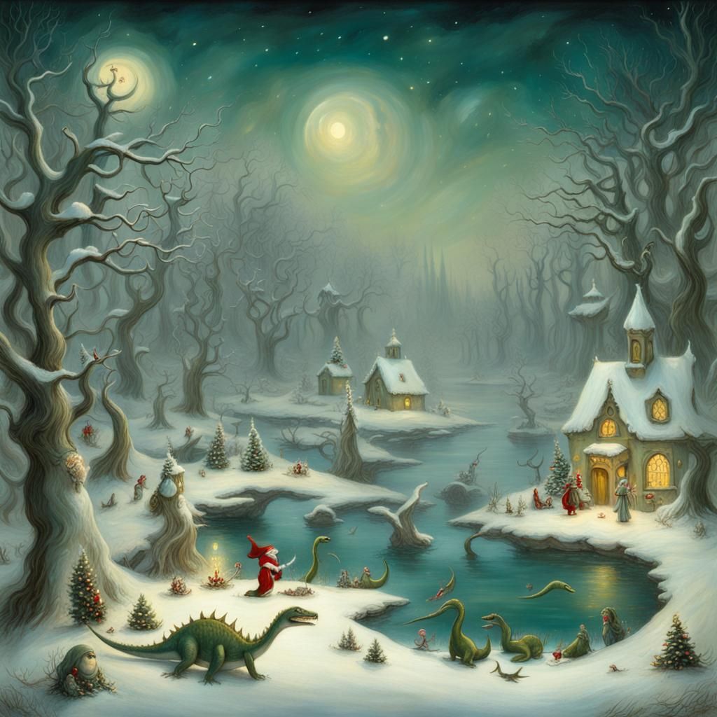 Christmas landscape with mermaids and dinosaurs/Neige Noël/Dali ...