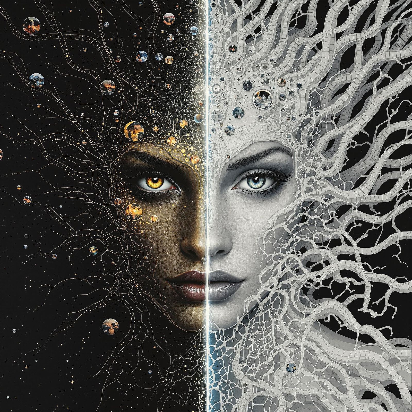 Portrait of woman lustrous angel vs woman shadowy. Double FerroFluid ...