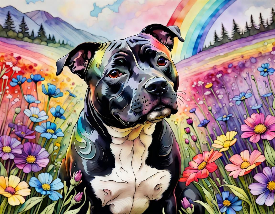 Staffy in the Flower Field - AI Generated Artwork - NightCafe Creator