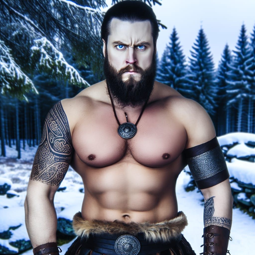 A thirty-year-old male Viking, named Knoks, standing tall and serious ...