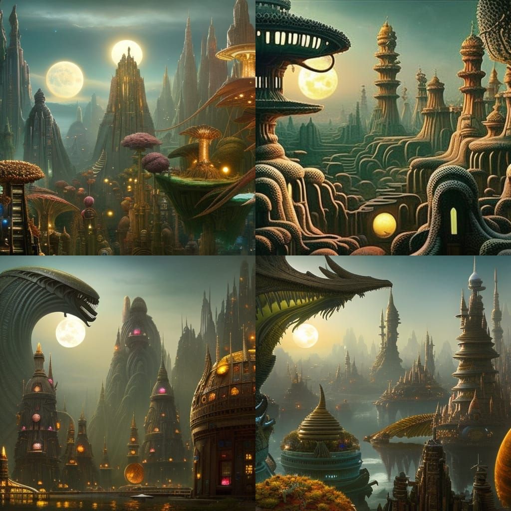 a fantastical city on an alien planet with lots of large fantastical ...