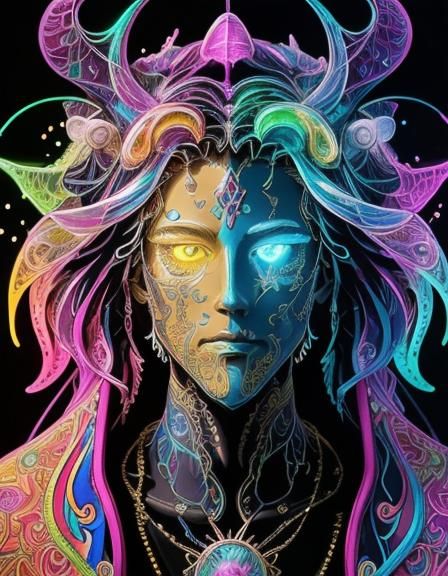 luminous colors, golden outlines, stained glass arwork of a jellyfish ...