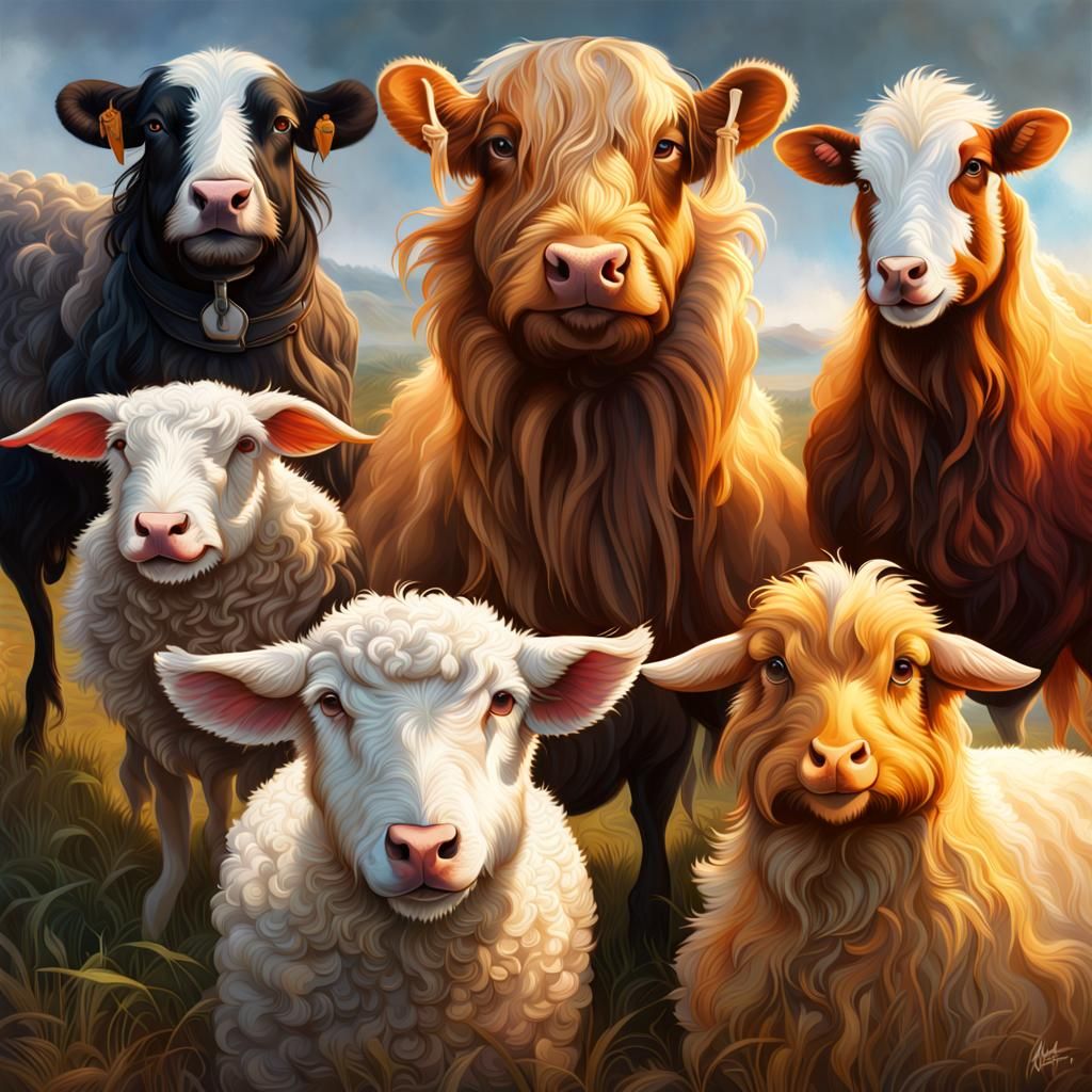 Ducks, sheep, chickens, sheep dog, highland cows - AI Generated Artwork ...
