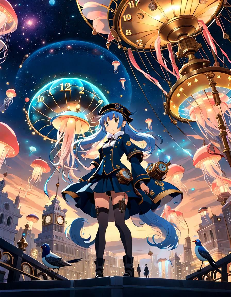 (Venetian carnival in a clockpunk city surrounded by lots of flying ...