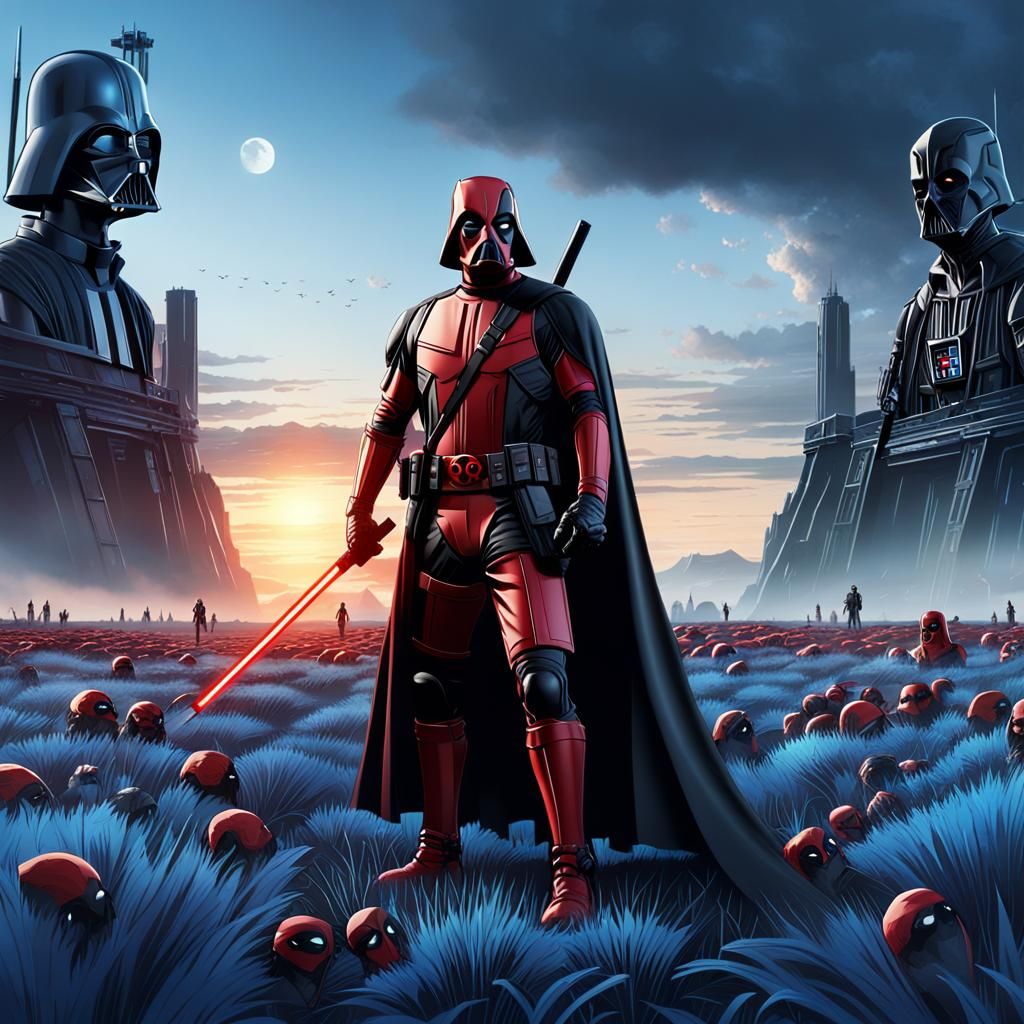 Darth Vader and Deadpool standing in a blue field at sunset. - AI ...