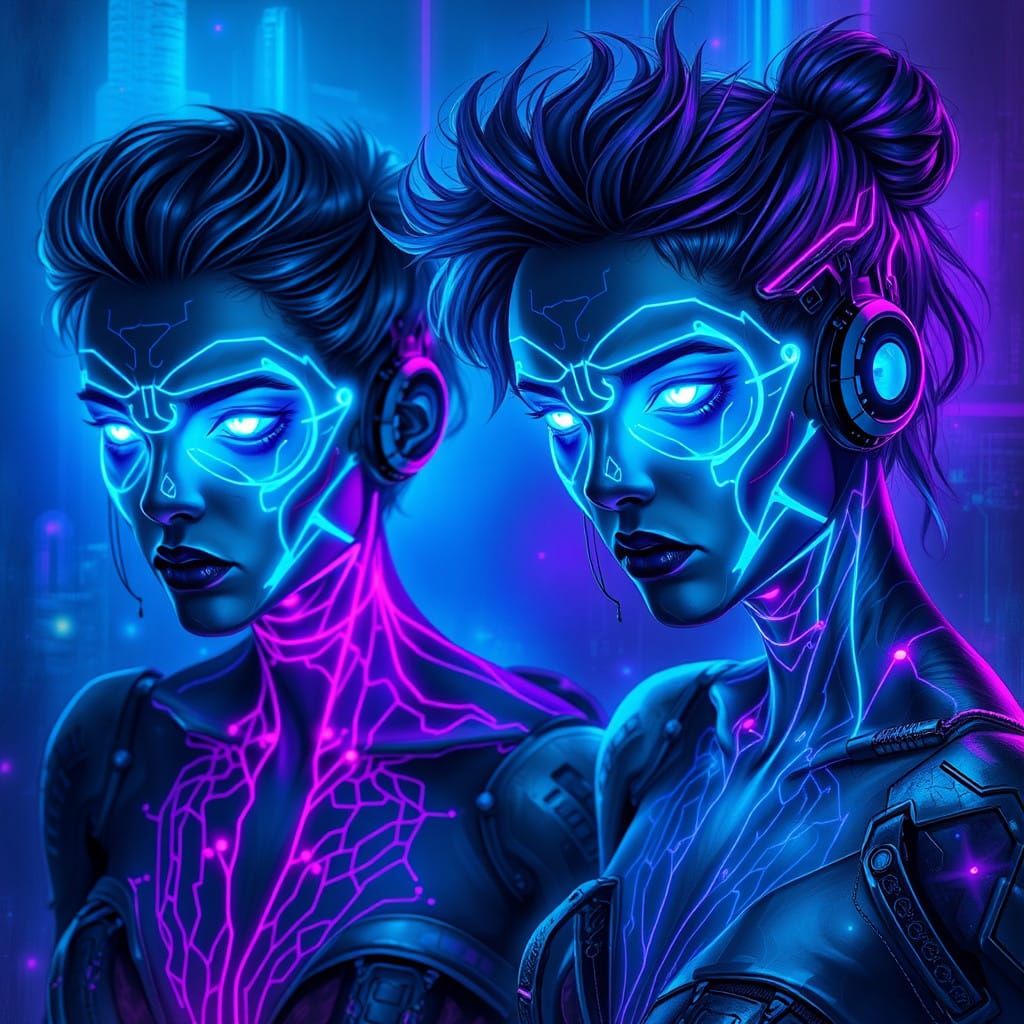 Cybernetically enhanced characters with radiant, electric blue LED eyes ...