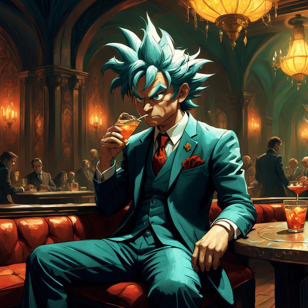 Goku disheveled in a crumpled suit, sips a cocktail with SpongeBob ...