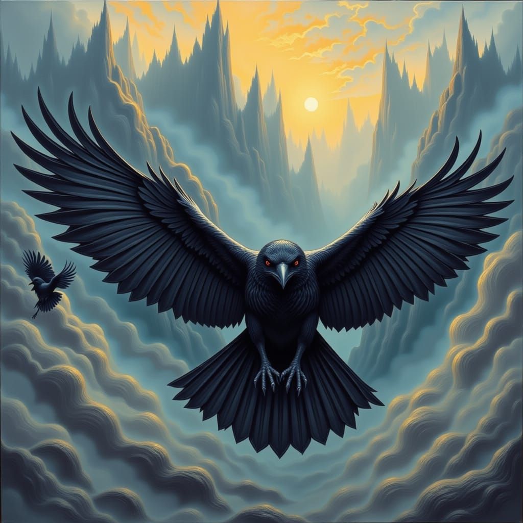 Mysterious Crow in Mid-Air - AI Art