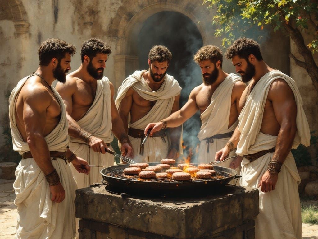 Roman BBQ Party - Roman Men at Backyard Barbecue, Classical...