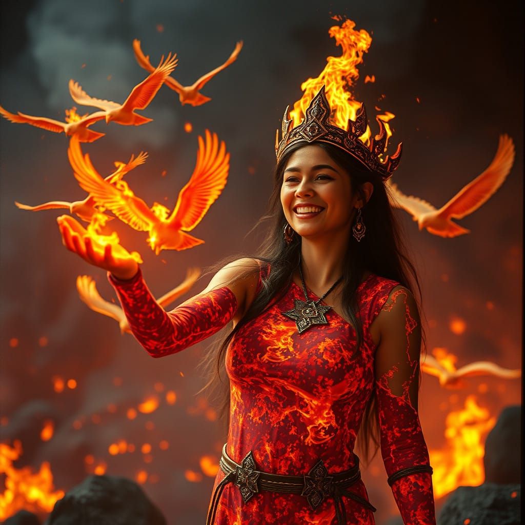 An elemental godess whose body is made of fire and magma smiling making ...