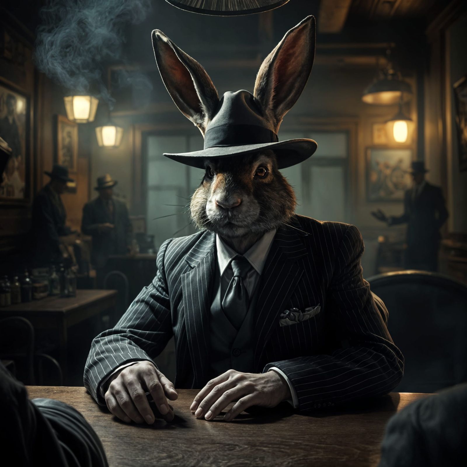 A gritty hyper realistic image of an anthropomorphic rabbit mob boss ...