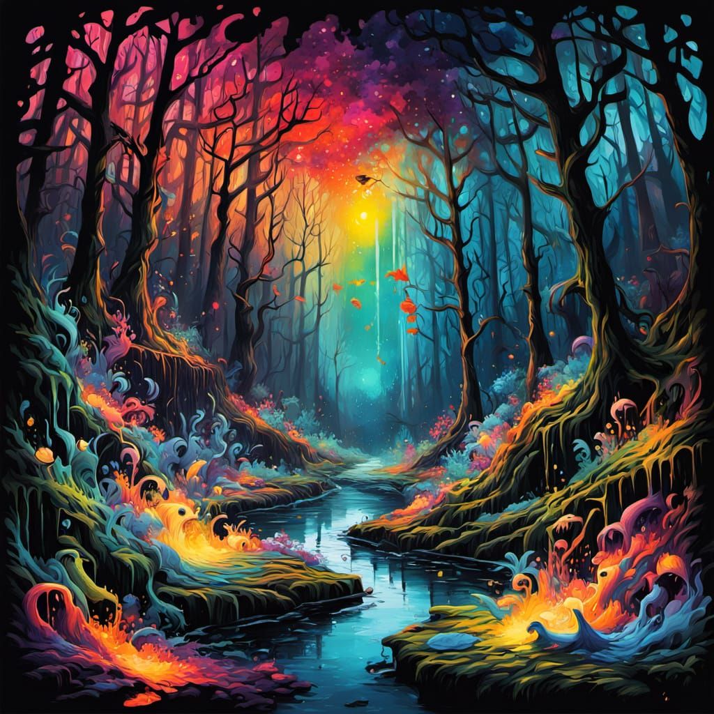 Ethereal Forest Abyss in Vibrant Graffiti Style - AI Art