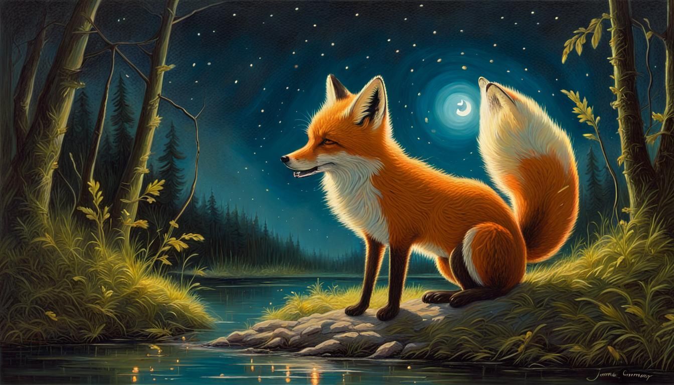 The fireflies showed little cute smiley fluffy fox how they shared ...