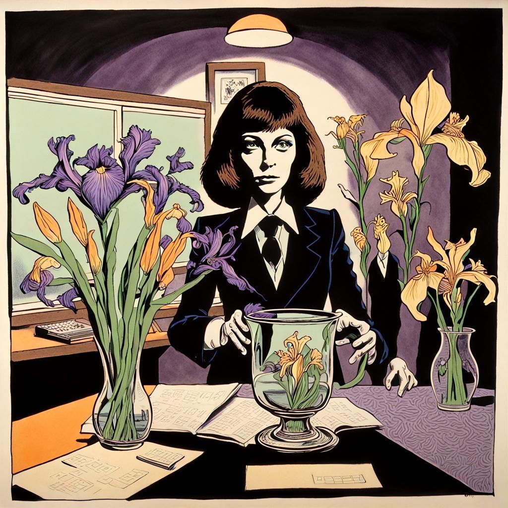 Iris and Lillies in a vase: Retro 70s uk telethon with hazy overhead ...