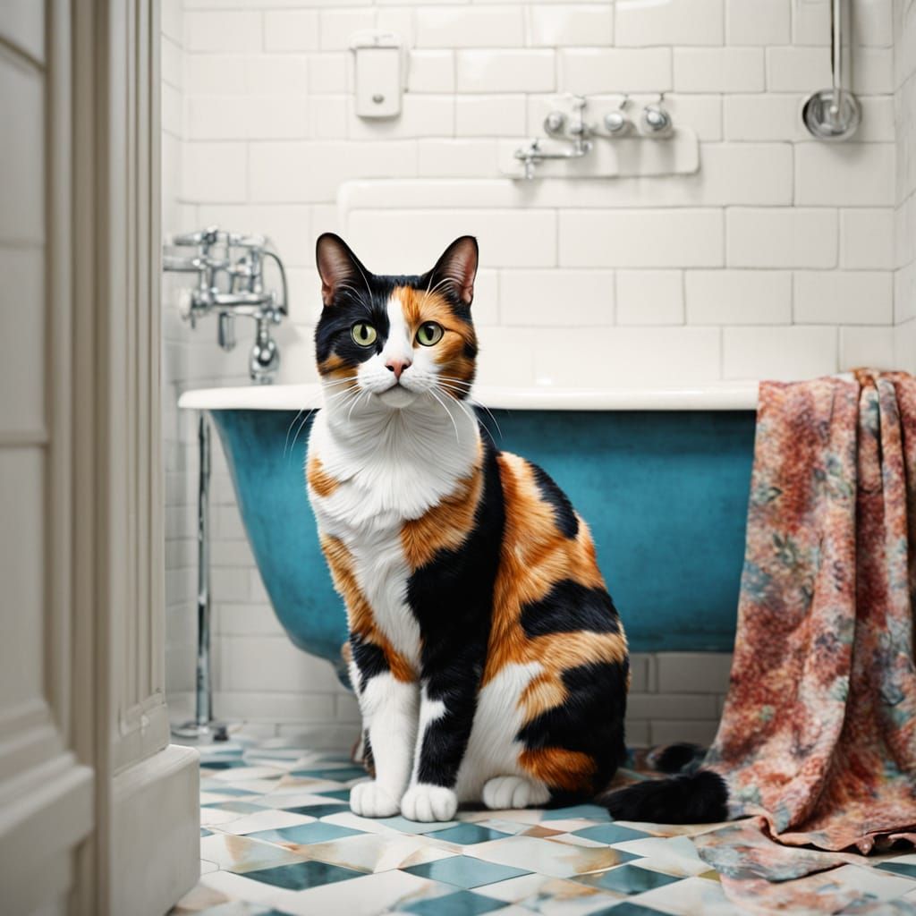 Retro Calico Cat Made from Vibrant Fabrics - AI Art