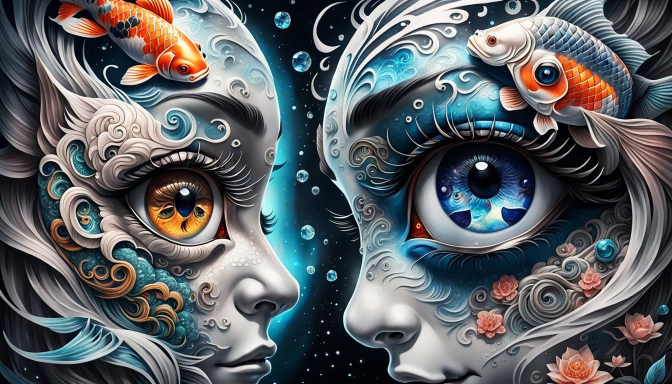 Ying and yang symbols depicted in tattoos, with two glass crystal eyes ...
