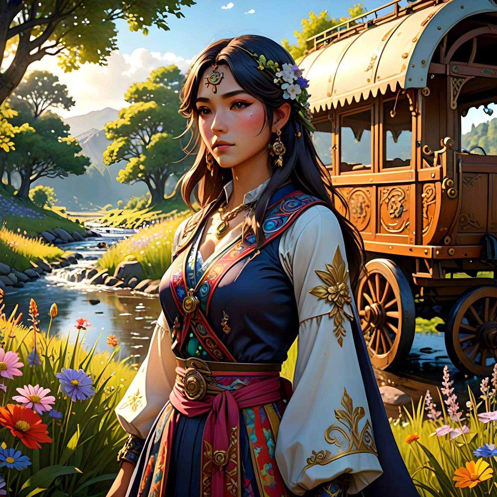 Exotic Gypsy Woman in Vibrant Wildflower Meadow - AI Art