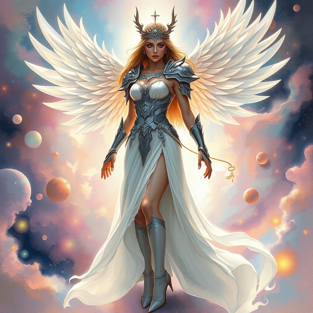 Angel Valkyrie Radiates Ethereal Aura Amidst Cosmi... - AI Art