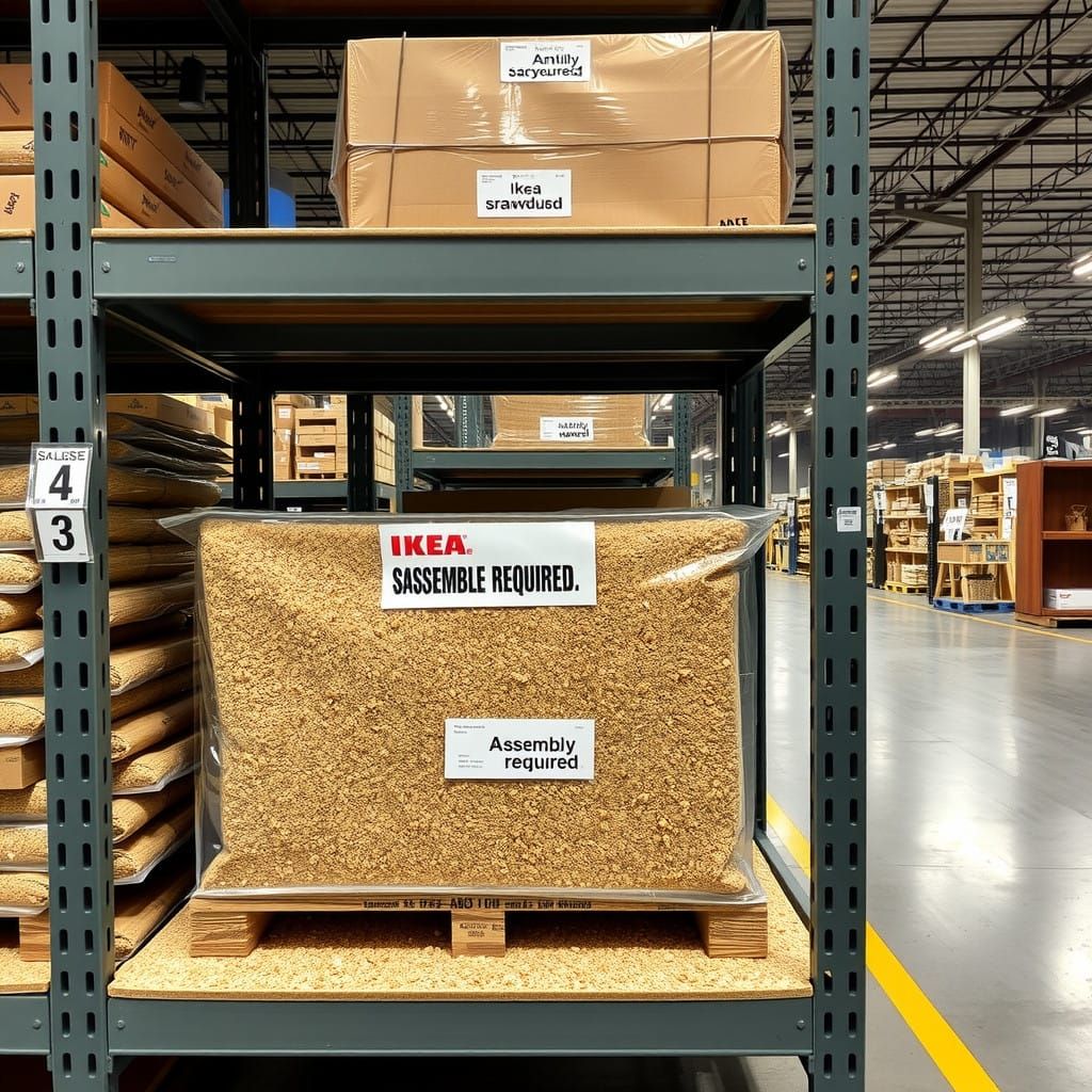 pack of sawdust in Ikea warehouse shelf "assembly required" label, it's ...