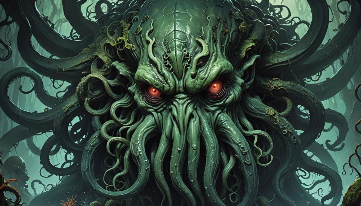 dark horror, close up portrait of cthulhu; magical underwater forest ...