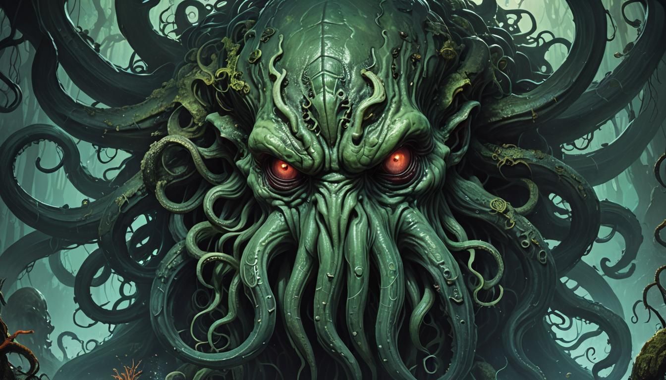 dark horror, close up portrait of cthulhu; magical underwater forest ...