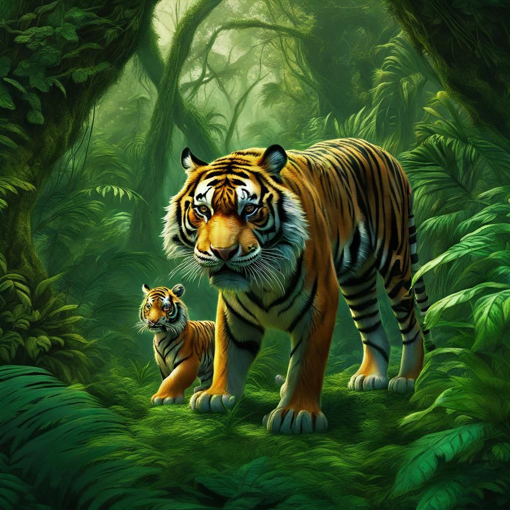 Tiger and cub hunting in a verdant jungle, lush, menacing, dangerous ...