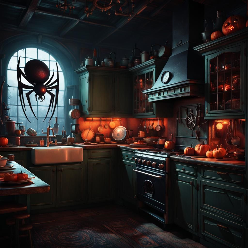 Creepy plates, spooky cups, hideous spider sieves in a spooky kitchen ...