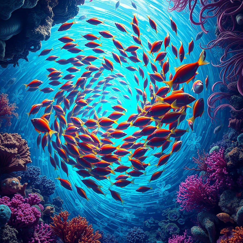 A swirl of fish in the water - Surreal Vortex of Glowing Fis...