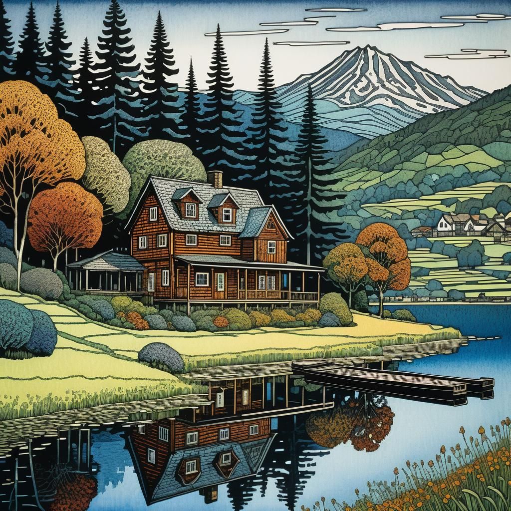 by Tom Killion, watercolor and ink, woodcut print, a charming wooden ...