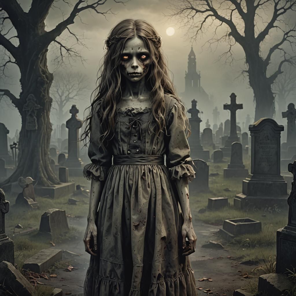 A hauntingly realistic illustration of a zombie-like female character ...