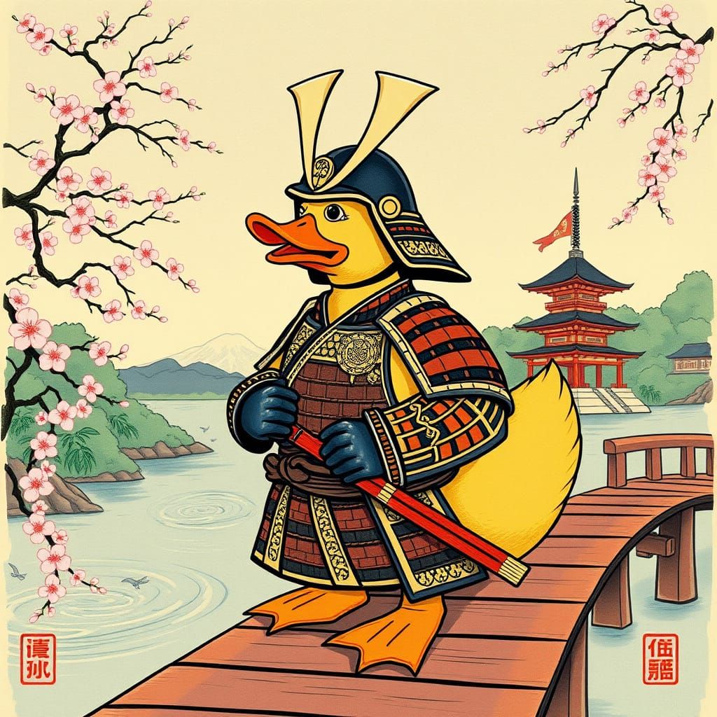 Samurai Rubber Duck in an Edo-Period Landscape