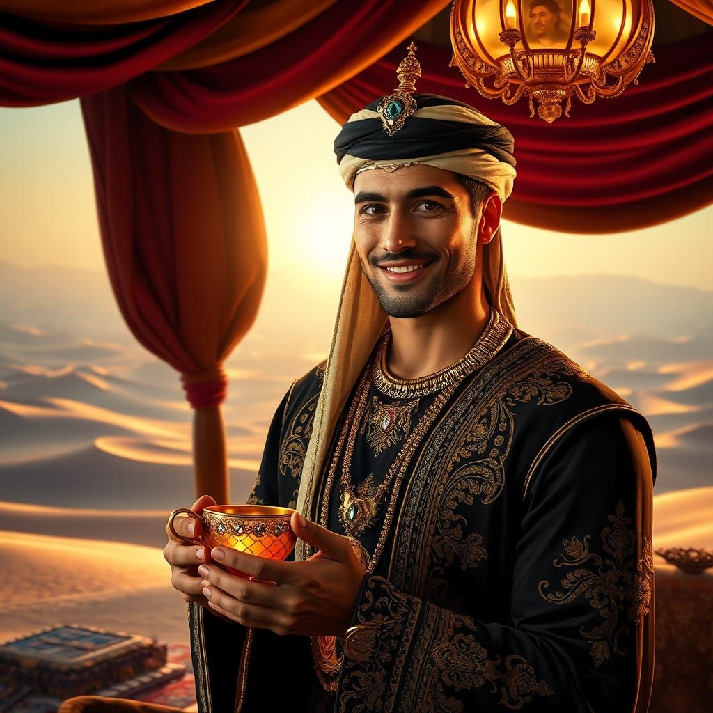 Regal Arab Man in Opulent Desert Setting - AI Art