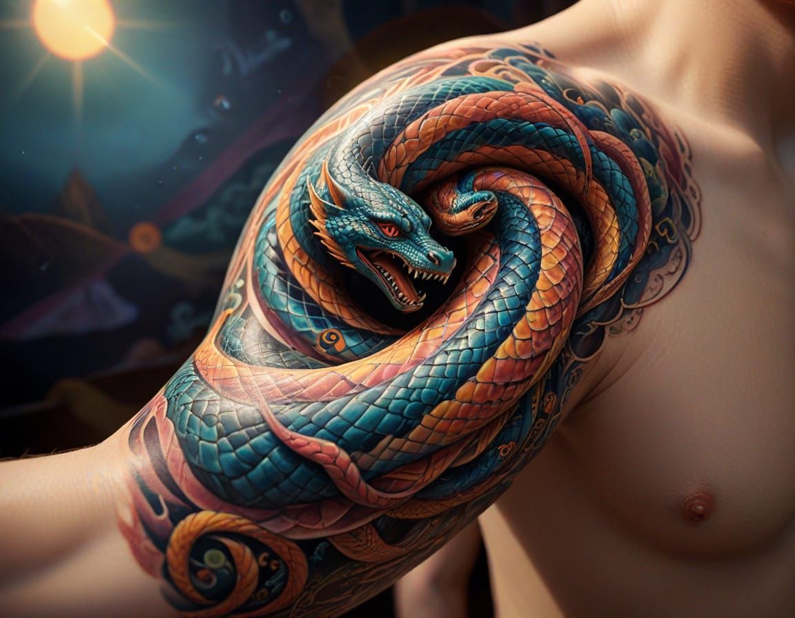 Surrealistic Serpents Entwined on Human Arm - AI Art