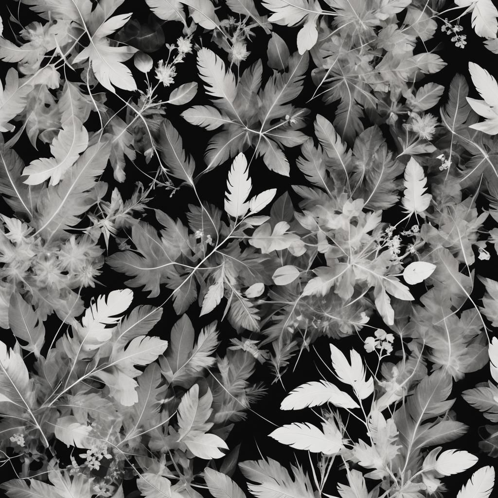 black and white photogram , rayograph, Feathers,leaves, flowers ...