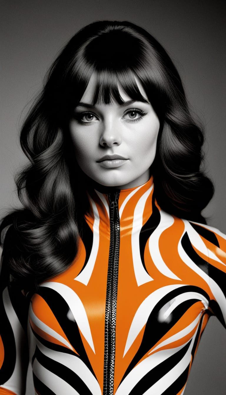 Retro Op Art Woman in Vibrant Orange Catsuit - AI Art