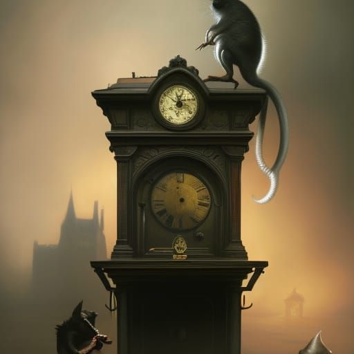 deformed sinister rat sitting by grandfather clock - AI Generated ...